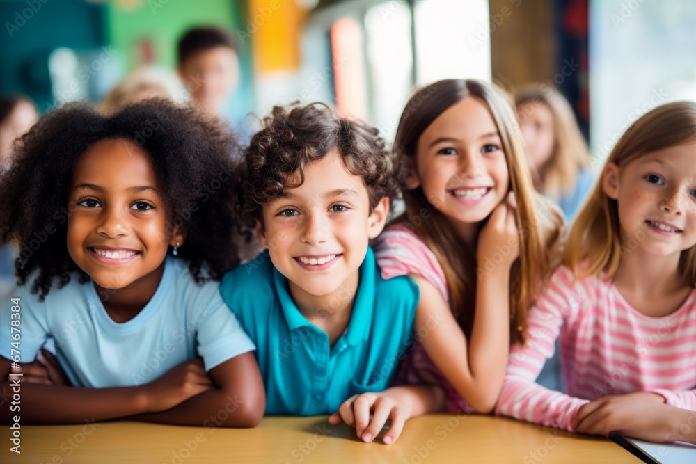 Happy diverse schoolchildren looking at camera. Smiling multiethnic ...