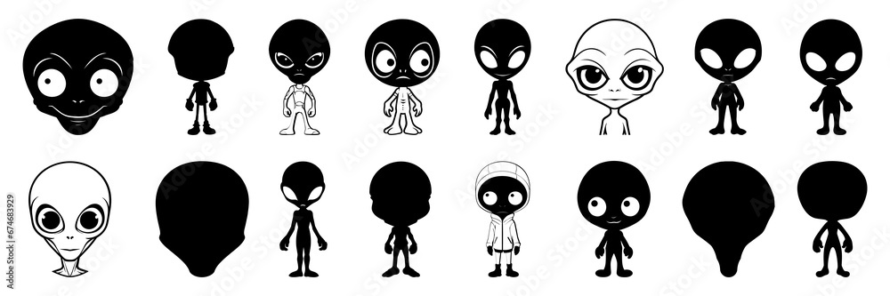 Alien silhouettes set, large pack of vector silhouette design, isolated ...
