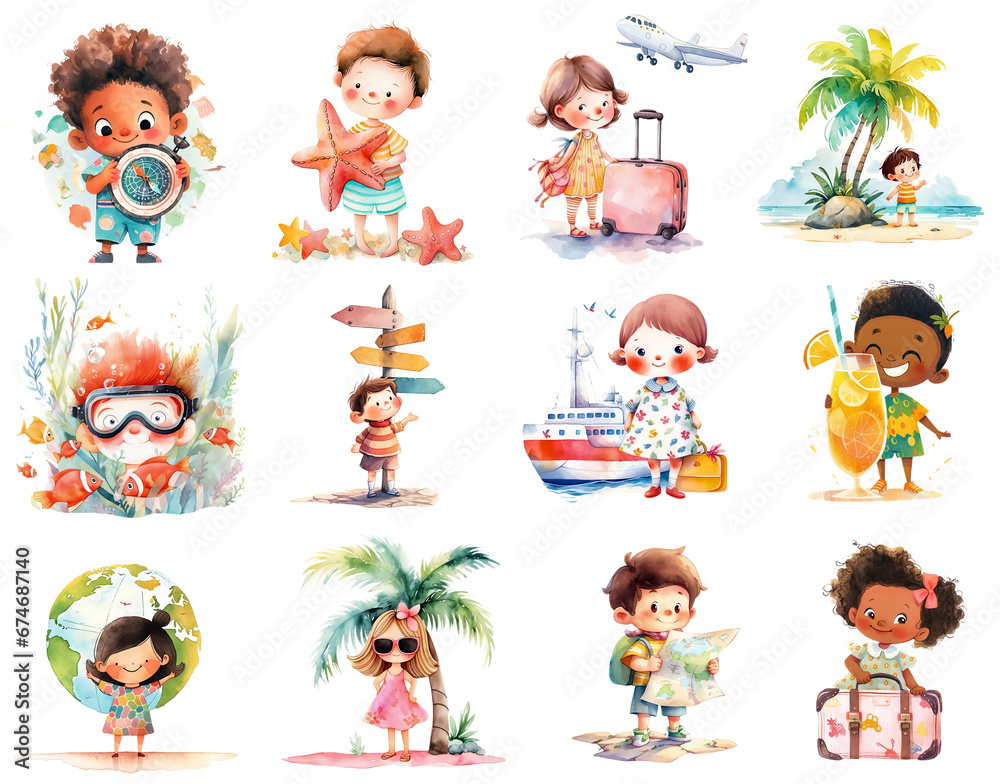Collection of watercolor cartoon kids vacation, summer activities ...