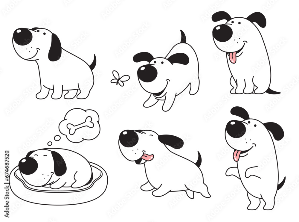 Funny happy dog, cartoon, comic character in various poses, vector ...