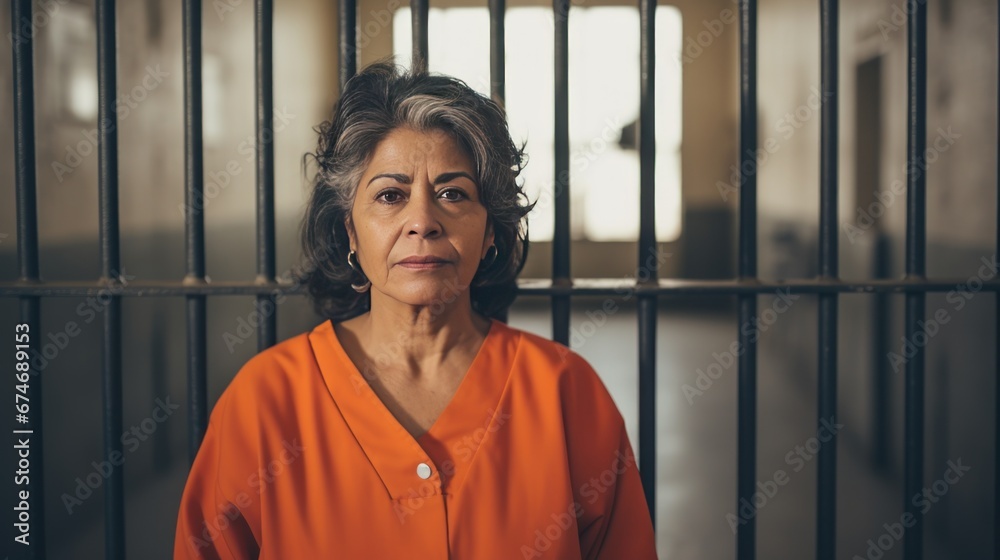 A middle-aged Mexican female prisoner in an orange uniform against a ...