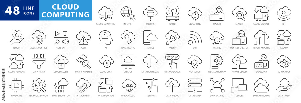 Cloud Computing Thin line icons Set. Cloud services, server, cyber ...