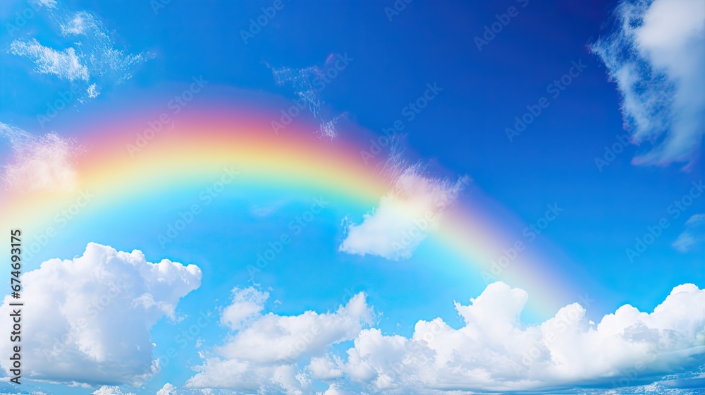 Clear blue sky with a vibrant rainbow stretching across after a ...