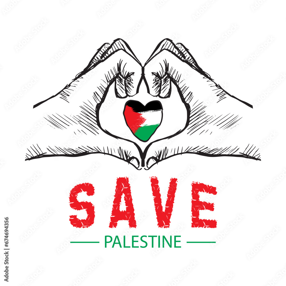 Palestine flag in heart shape with hands. Save Palestine. Vector ...