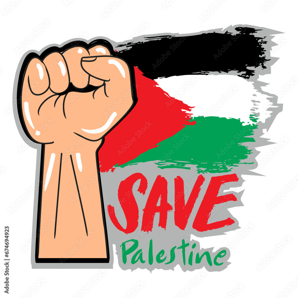 Vector illustration of a hand with the text Save Palestine and the ...