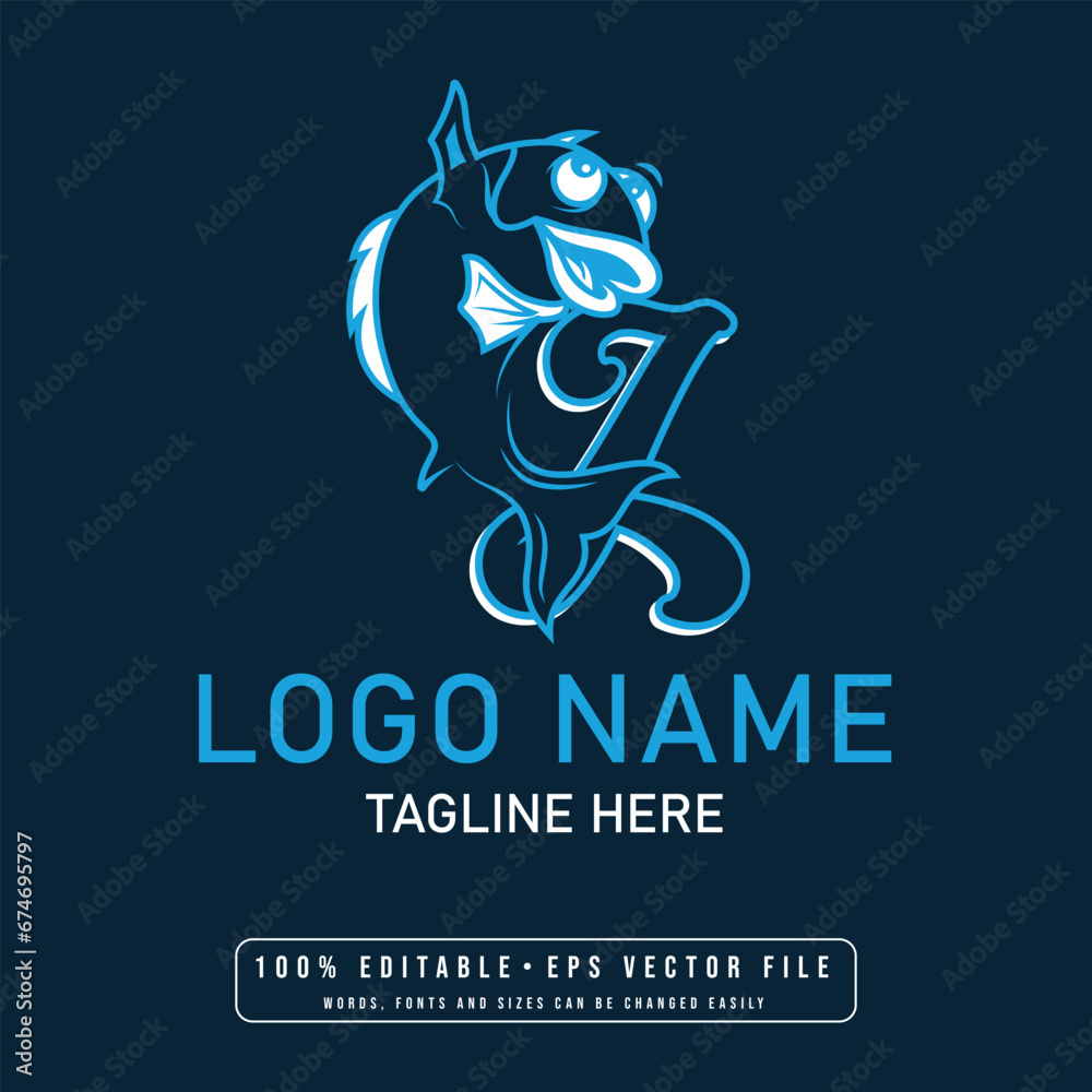 Editable happy fish with J letter logo design vector, J letter happy ...