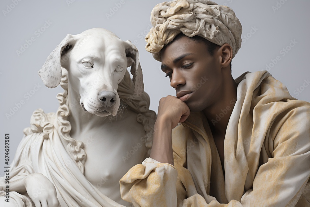 sculpture statue of a dog, friendship, human friend, dog, on a white ...