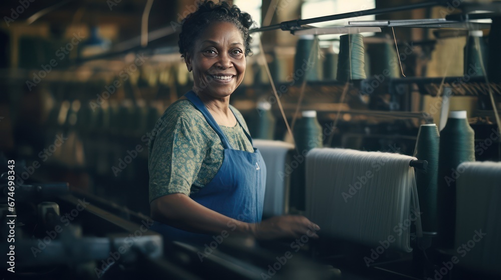 Smiley black lady carefully working on weaving factory to earn money ...