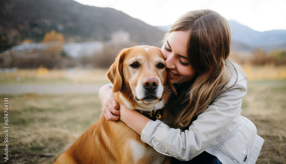 Woman in a heartfelt embrace with her dog outdoors, depicting a strong ...