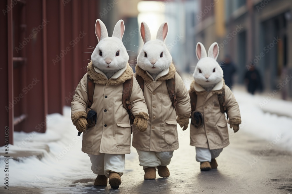 Family of white rabbits wearing winter coats and boats, walking in a ...