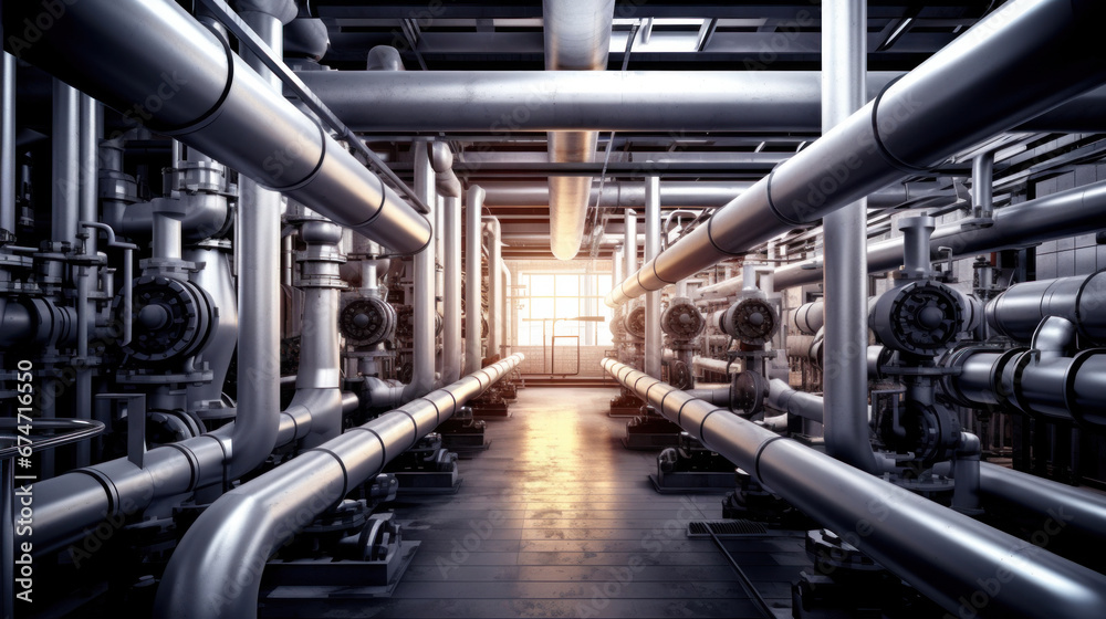 Steel water piping structure with circulation pumps and valves in ...