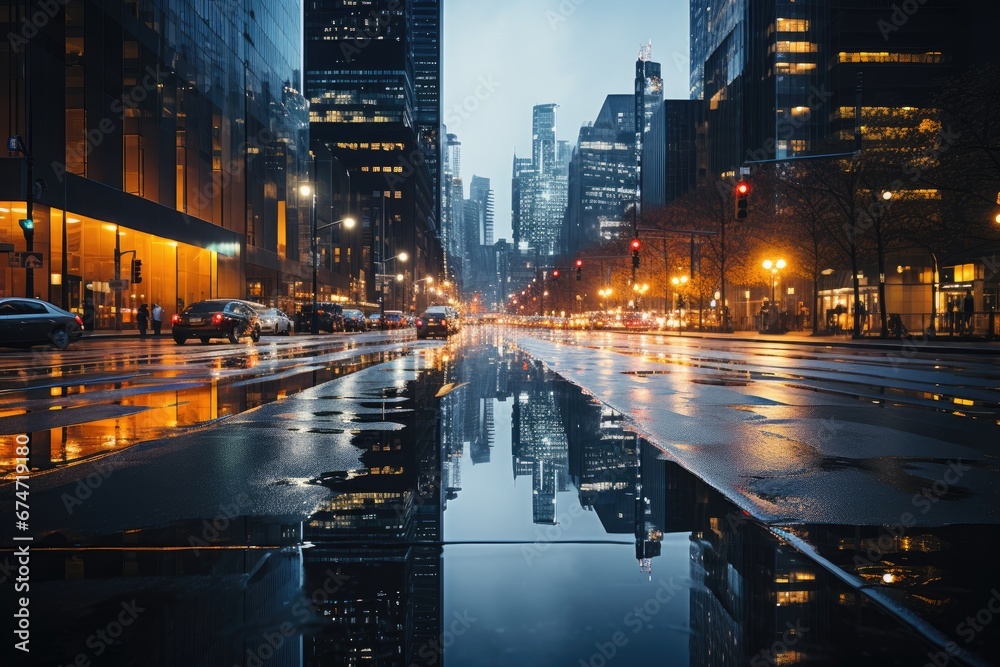 Dusk lights in modern city street scene Blurry image of a near-dark ...