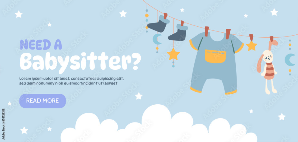 Babysitter advertising poster. Clothes at rope at background of sky ...