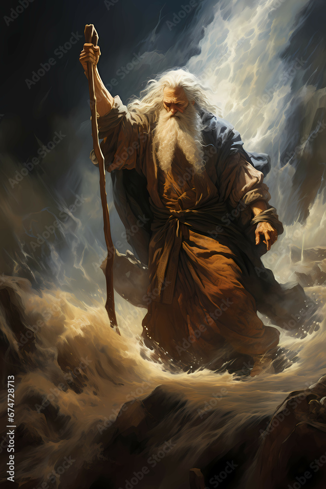 Surreal portrait of Moses commanding the winds and parting the Red Sea ...