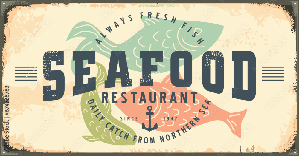 Vintage advertising signpost for seafood restaurant with creative old ...