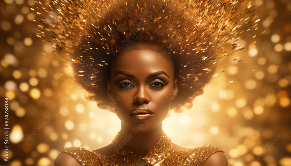 Fictitious African American woman in gold on golden sparkling ...