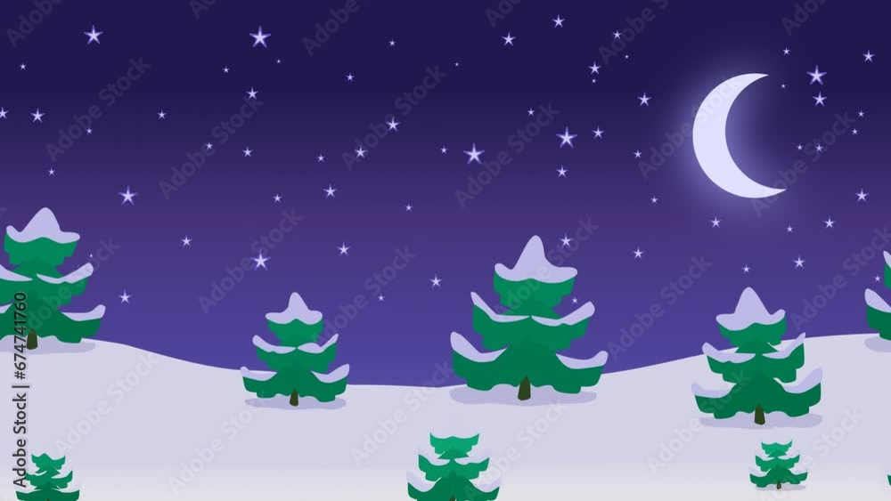 Loop animation of a snowy fir forest in horizontal scrolling under a ...