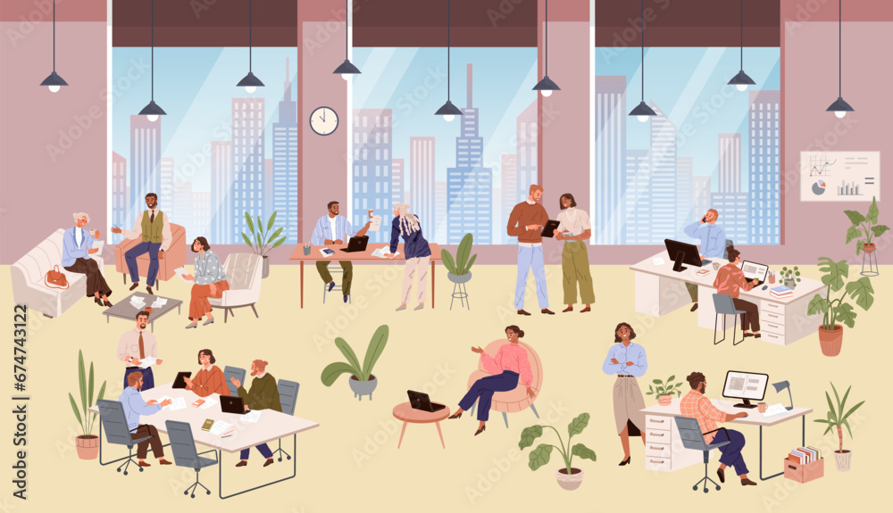 Group office workers work in coworking space. Tables with computers and ...