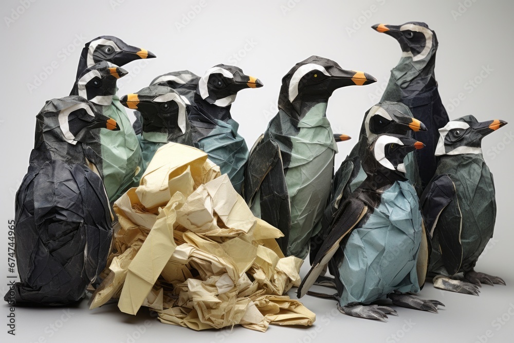 A group of crumpled paper penguins, each with unique poses and markings ...