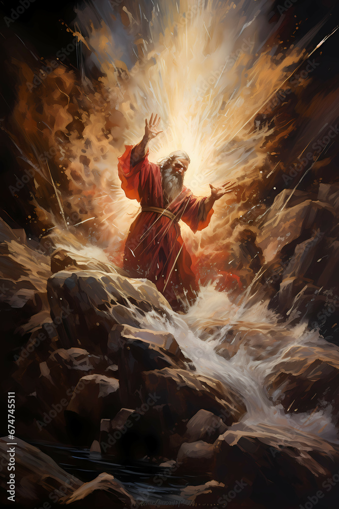 Moses strinking the rock abstract painting flood red robe sea desert ...