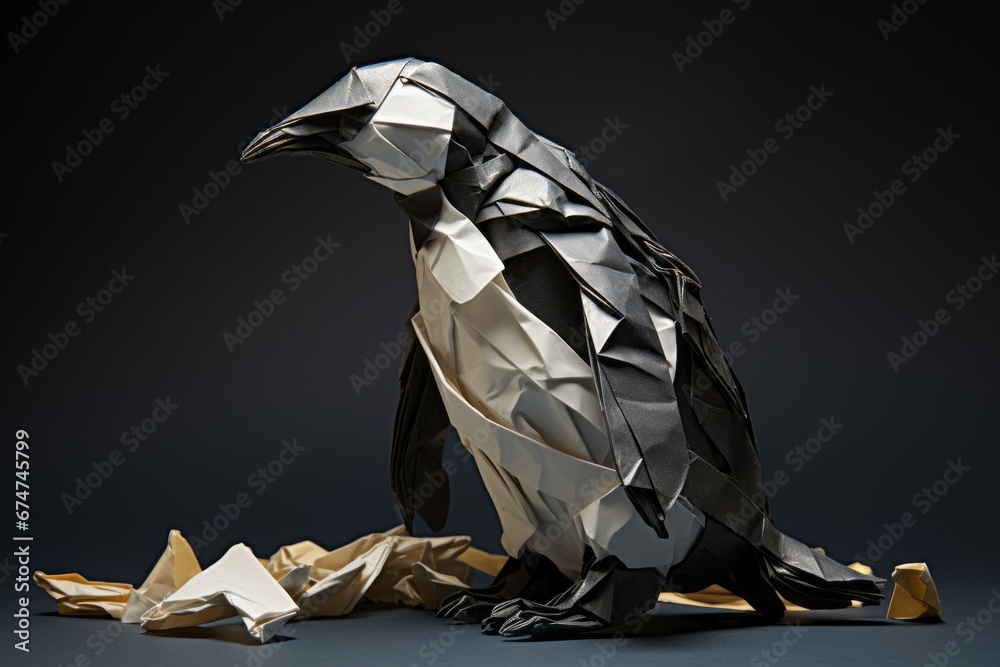 A whimsical paper figure of a penguin, its flippers and distinctive ...