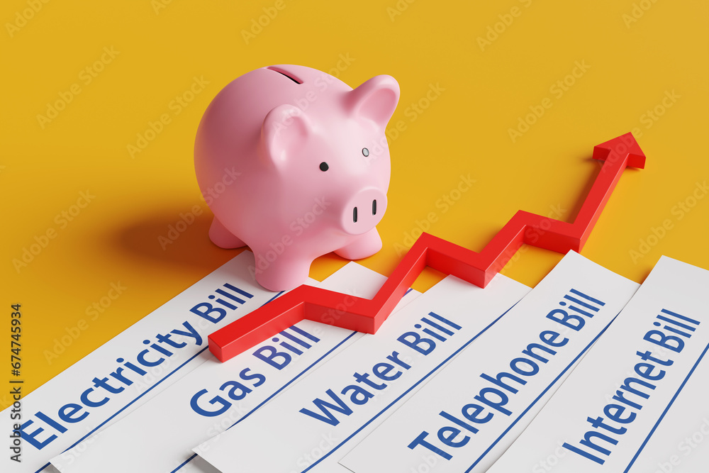 Pink piggy bank, piles of utility bills and a red upward arrow on a ...