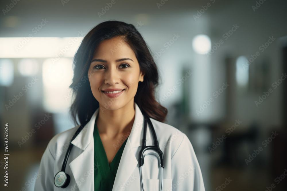 portrait of a female doctor with a smiley face standing in front of her ...