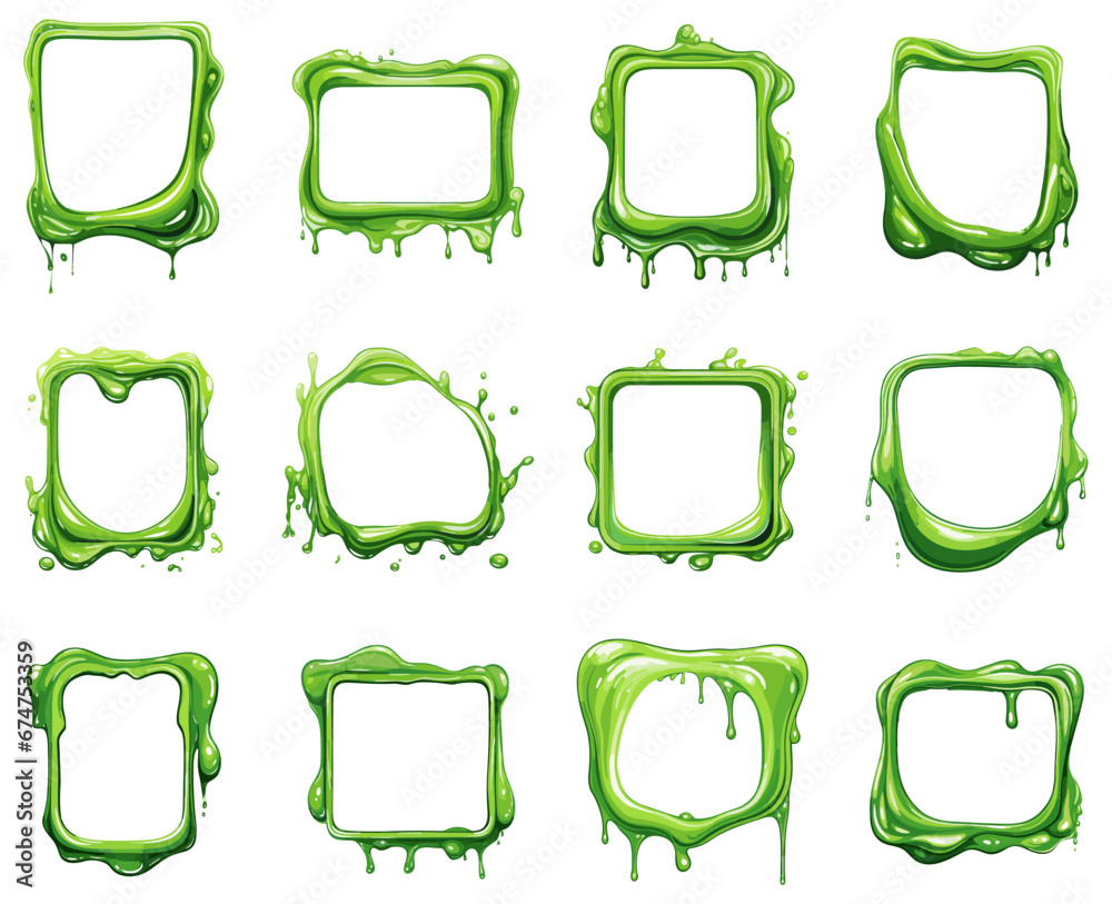 Liquid green slime frames. Empty gooey viscous cadres closeup vector ...