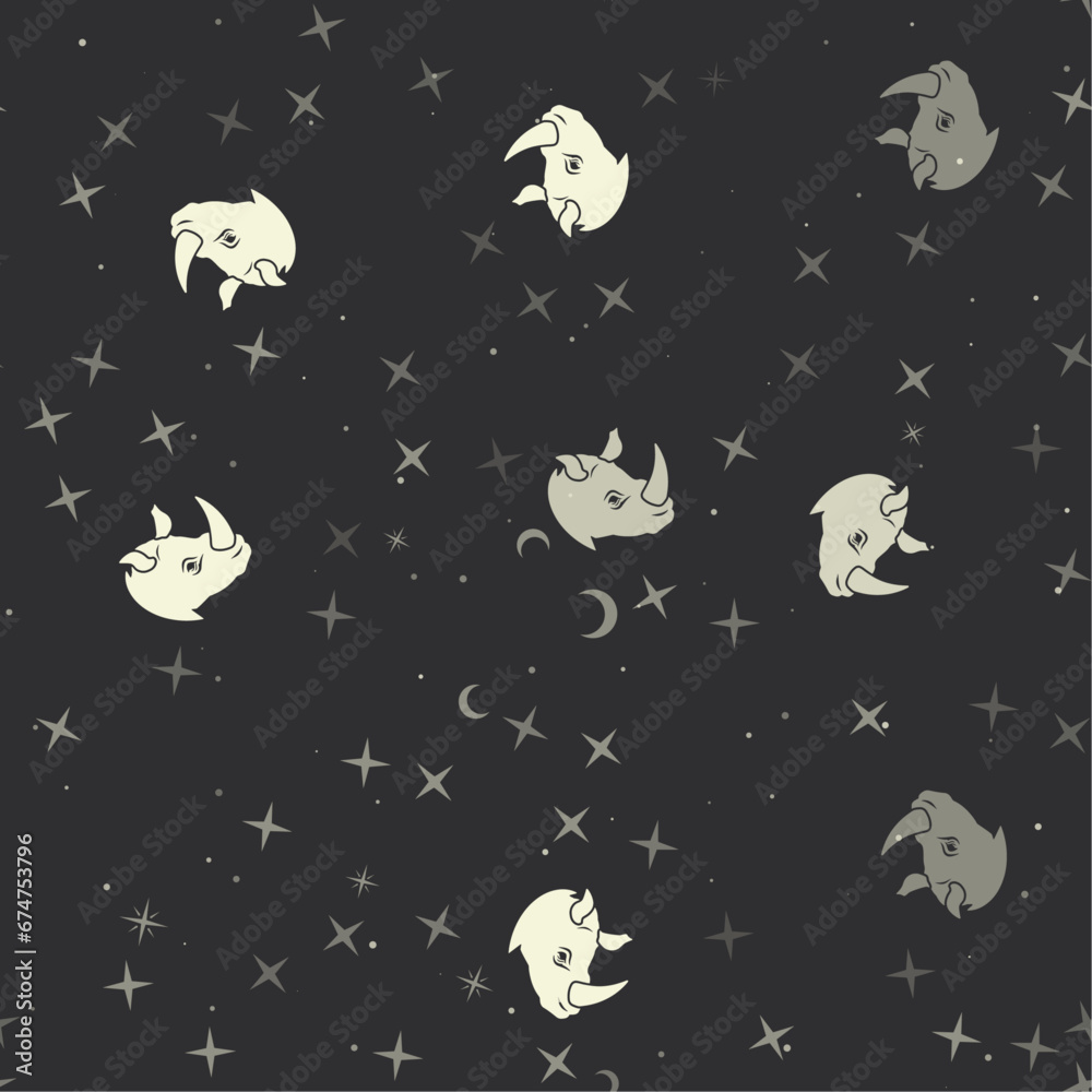 Seamless pattern with stars, rhino head logos on black background ...
