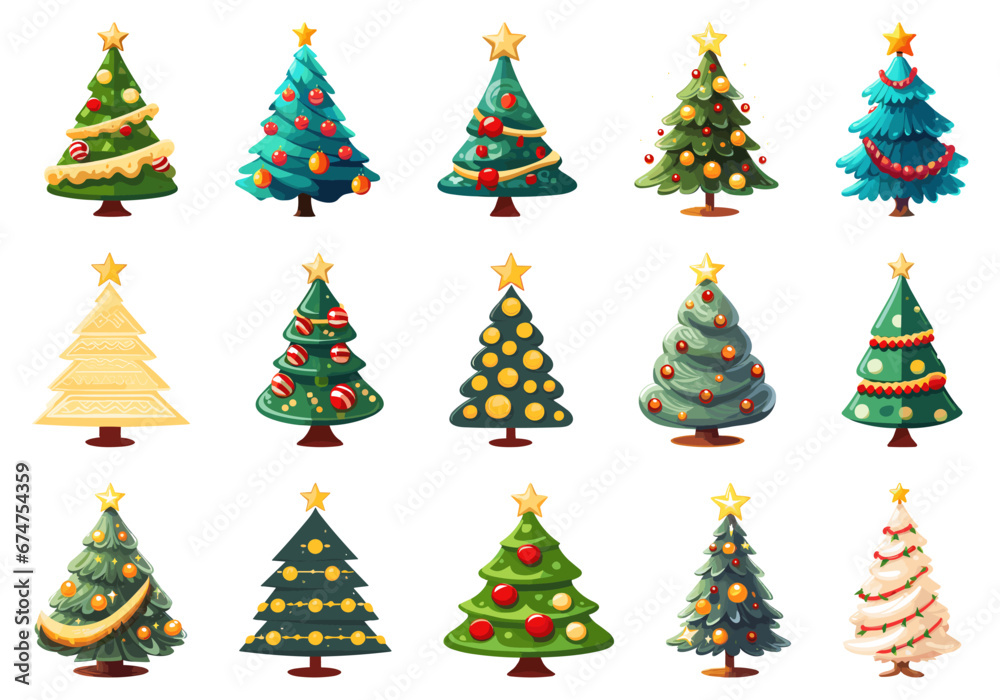 Xmas tree icons. Cristmash trees signs on white, december evening santa ...