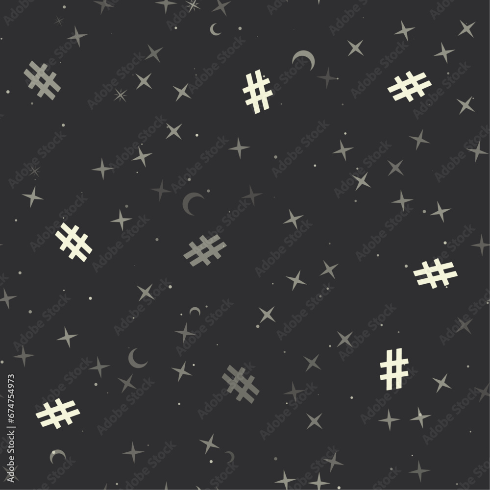 Seamless pattern with stars, hash symbols on black background. Night ...