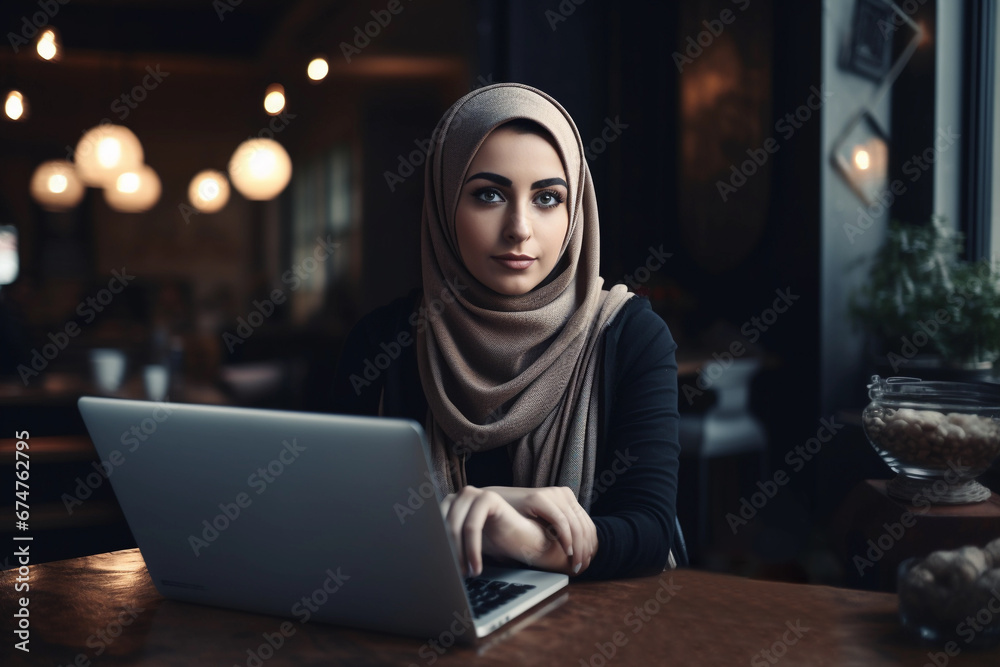 Hijab-Clad Businesswoman Working at Coffee Shop, Muslim Woman ...