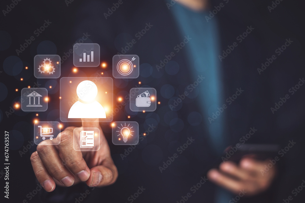 Businesspeople touching on screen to target customer. Target customer ...