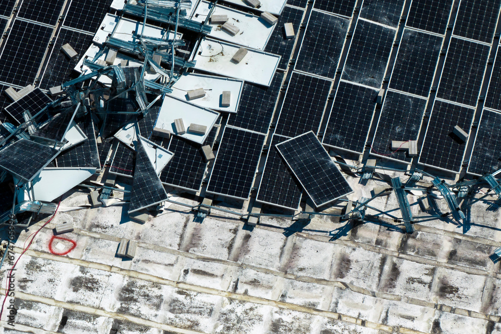 Top view of destroyed by hurricane Ian photovoltaic solar panels ...