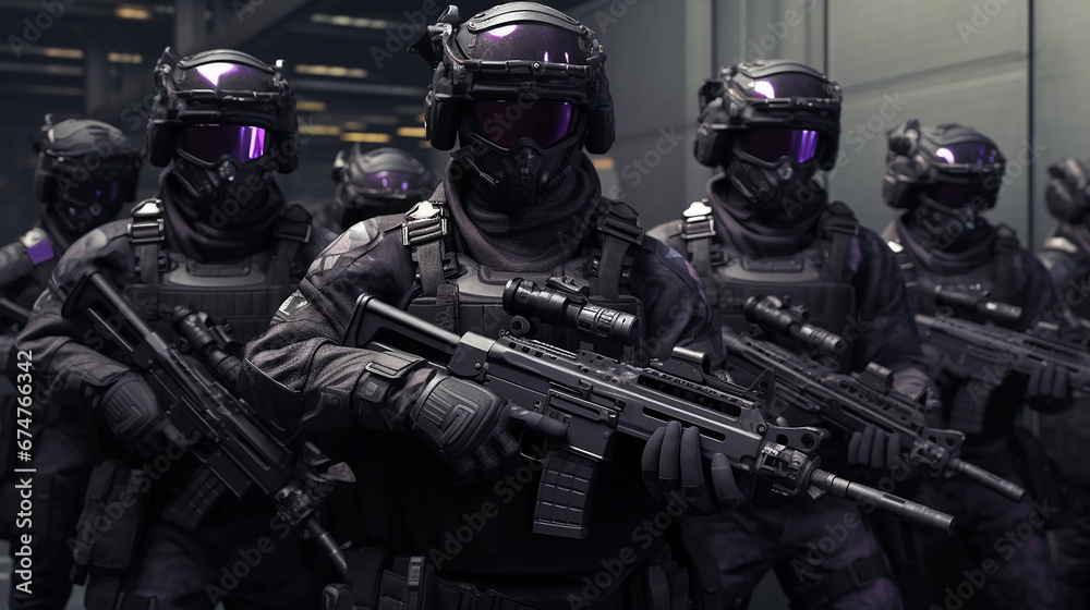 SWAT Company soldiers in formation, ready for battle. They are equipped ...