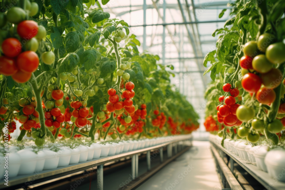 Tomato plant is growing in vegetable green house on hydroponics, eco ...