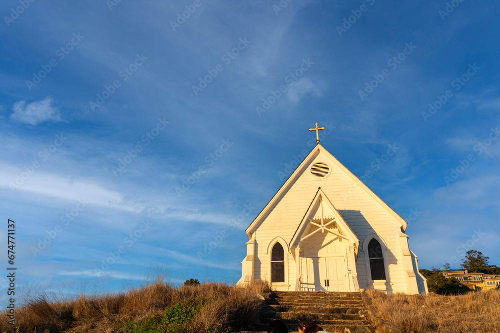 Small white Christian church, simple and old architecture, located on ...