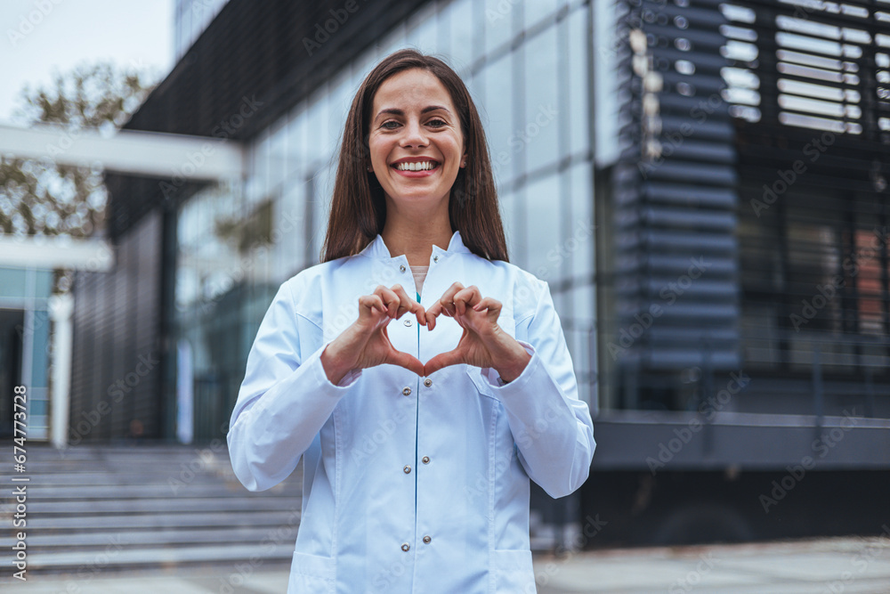 Closeup woman nurse making a heart shape with her hands while smiling ...