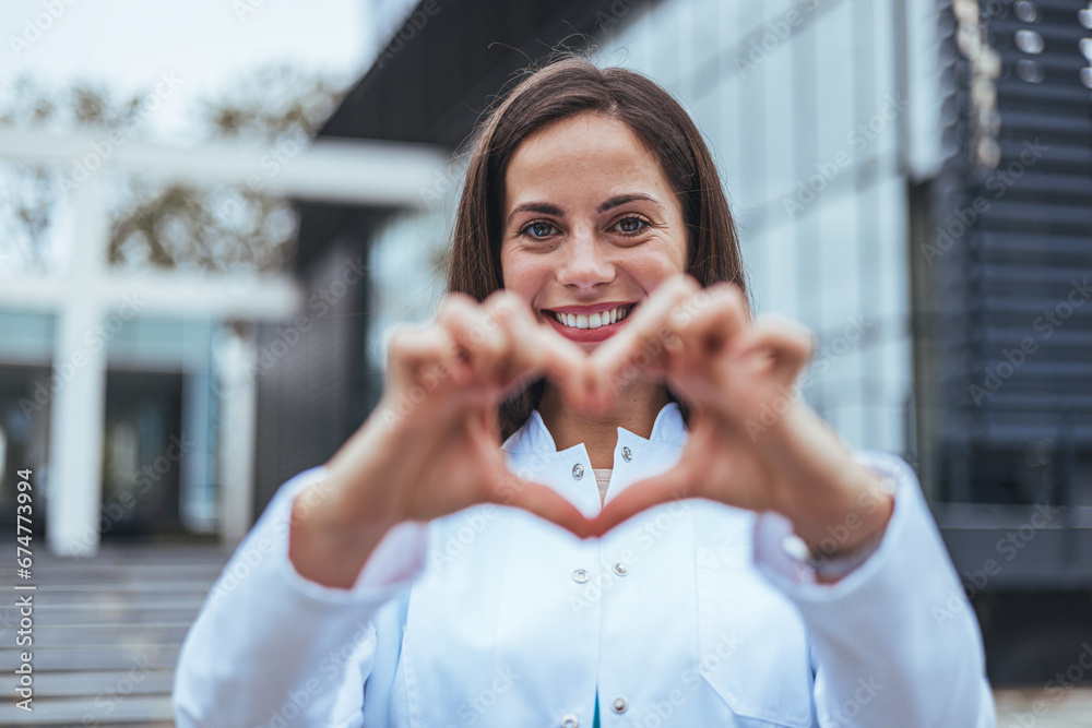 Closeup woman nurse making a heart shape with her hands while smiling ...