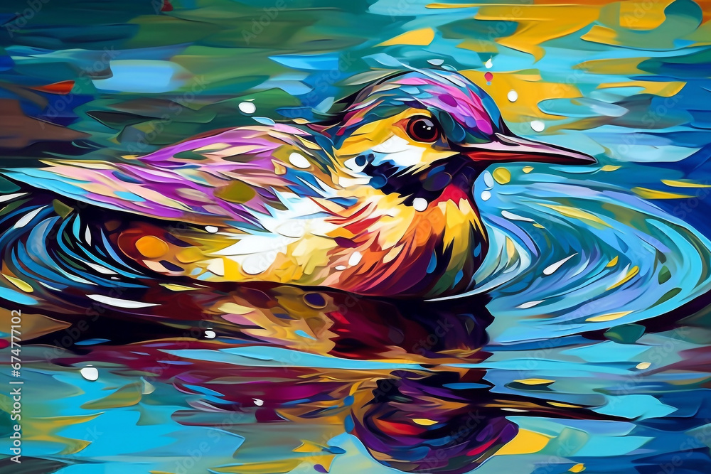 Badender Vogel - Farbenfrohe Vögel ähnlich Holzschnitt oder ...