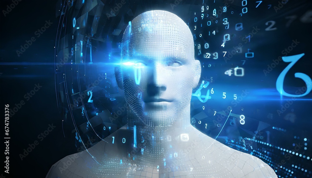 Concept of Artificial Intelligence or AI, Binary code and humanlike features. Innovative ...