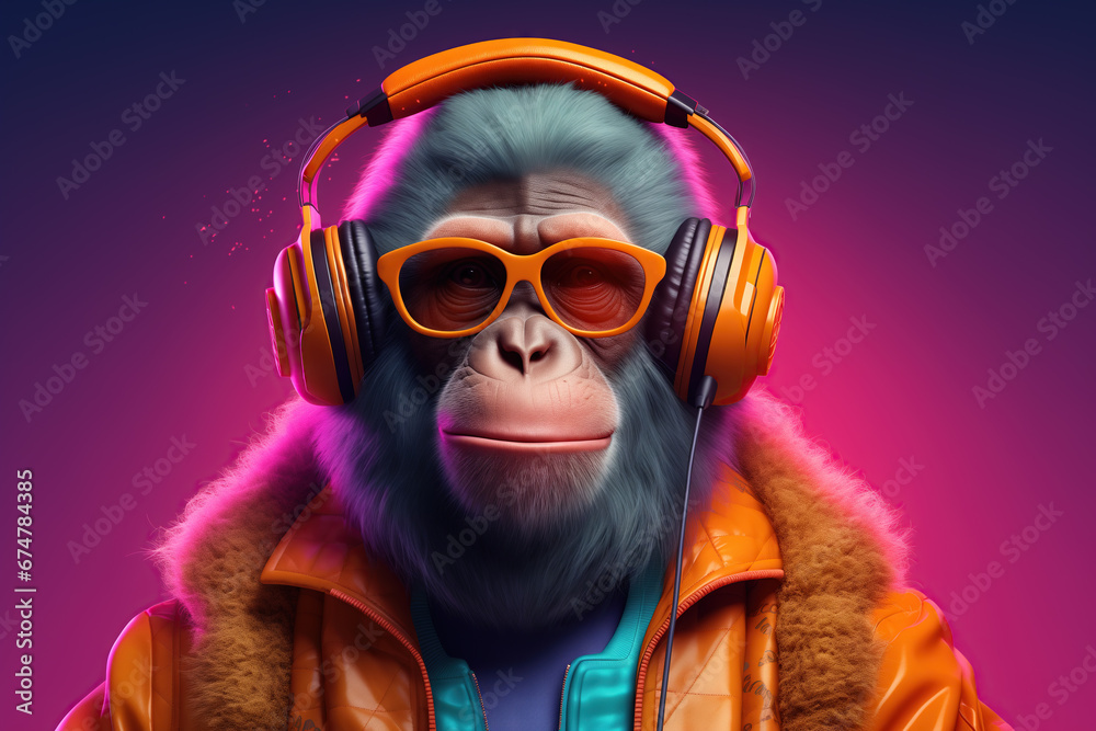 A monkey listening to music with headphones, on a gradient background ...