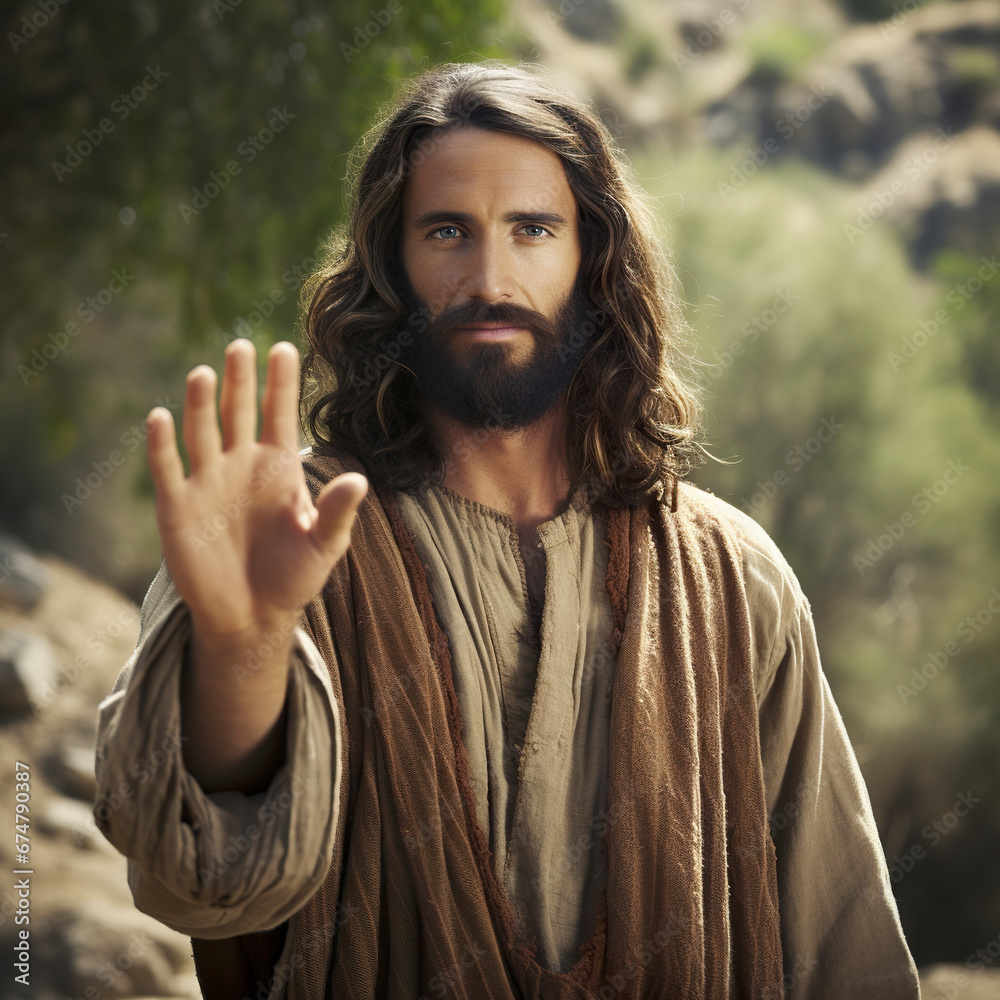 Representation of Jesus Christ waving his hand in a gesture of peace ...