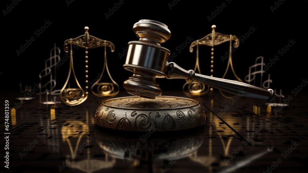 Judges gavel surrounded by treble clef and notes on black background ...