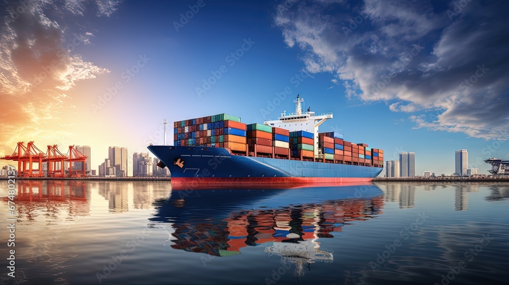 Rear view cargo container ship. Business logistic transportation sea ...