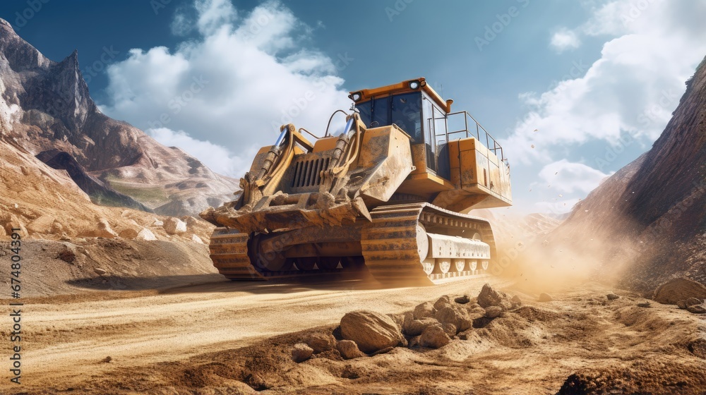 Crawler dozer working on construction site or quarry. Mining machinery ...