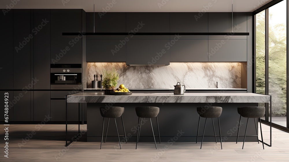 Front view of a modern designer kitchen with smooth handleless cabinets ...