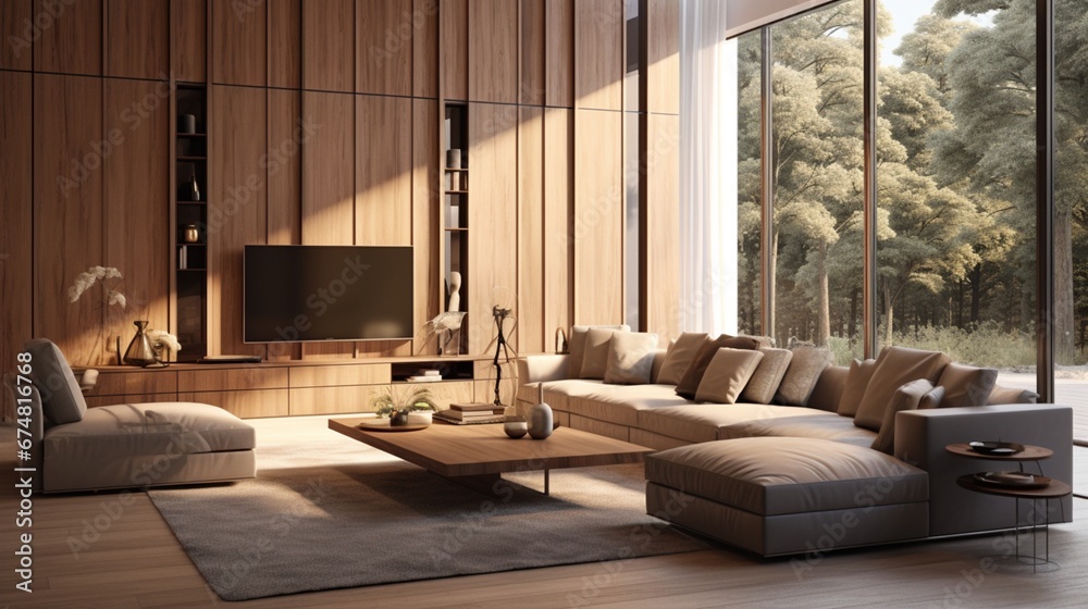 Picture a modern living room, hyper-realistic in every detail. The ...