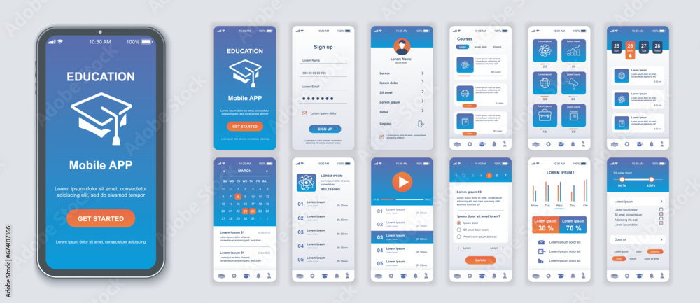 Education mobile app interface screens template set. Online account, courses, lessons list ...