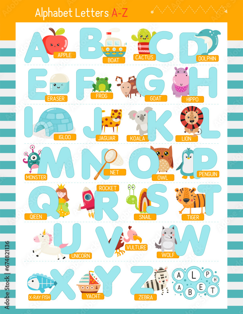 English alphabet for toddler and teacher. Set of ABC 26 letters with ...